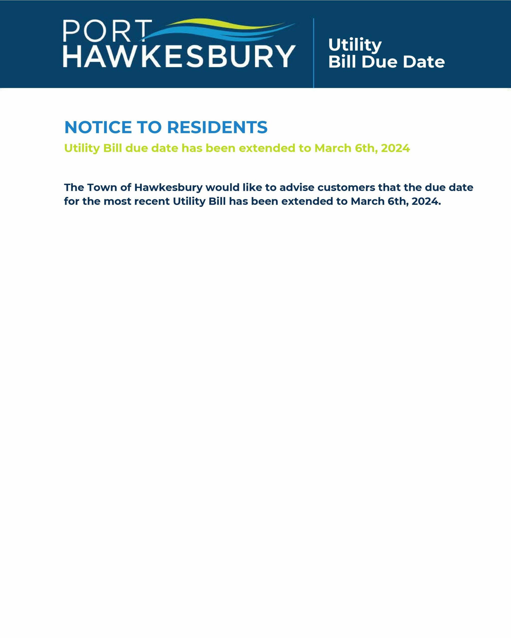 UTILITY BILL NOTICE TO RESIDENTS: – Town of Porthawkesbury